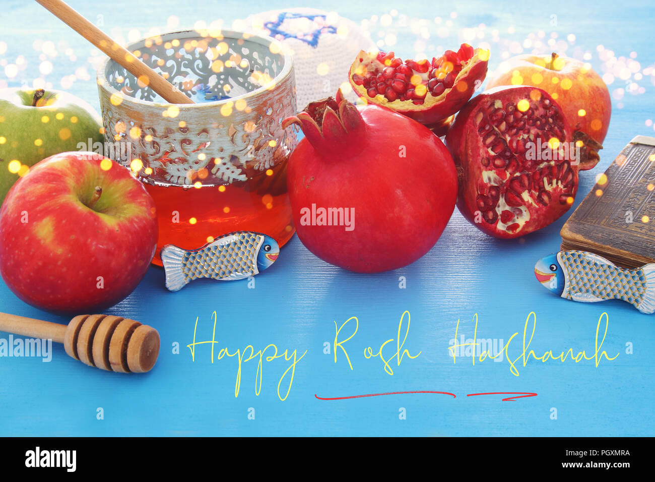 Rosh hashanah (jewish New Year holiday) concept. Traditional symbols ...