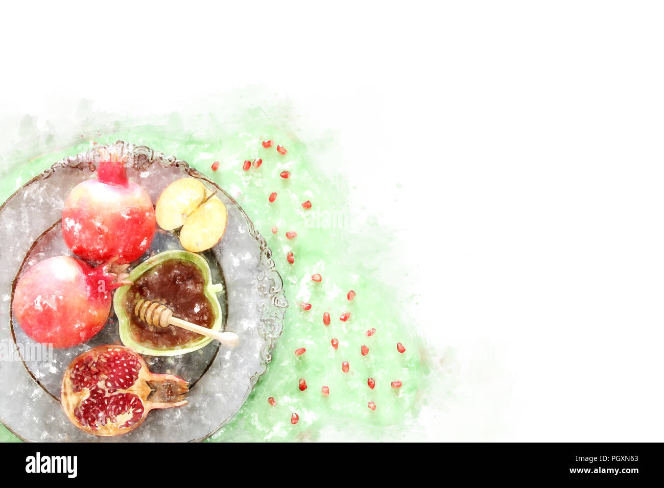 watercolor style and abstract image of Rosh hashanah (jewish New Year ...