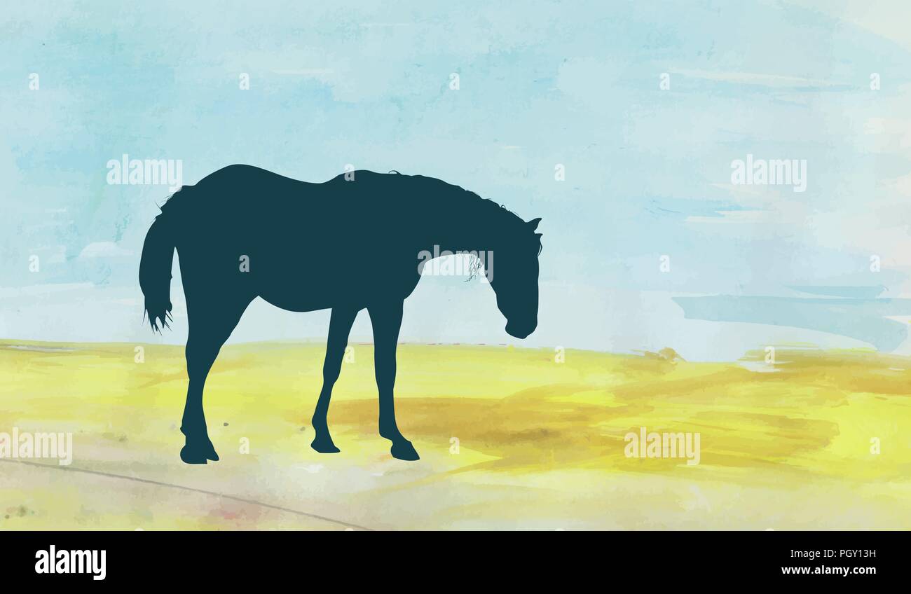 Standing horse silhouette over a pastel field Stock Vector Image & Art ...