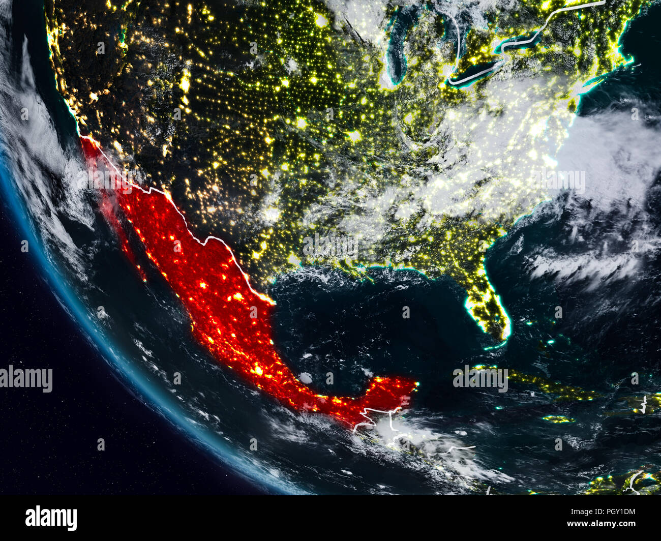 Mexico at night from space with visible country borders. 3D ...
