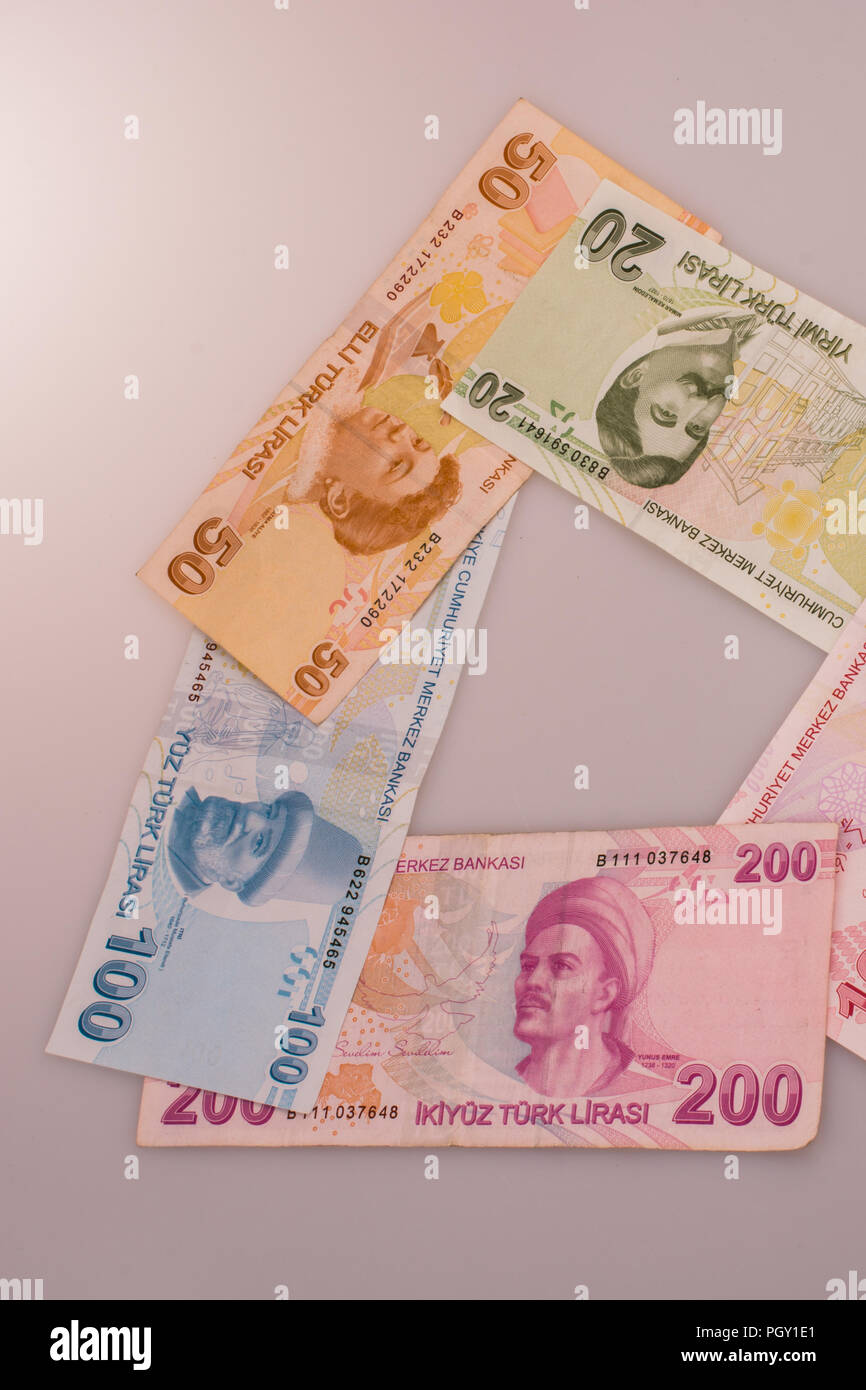 Turksh Lira banknotes of various color, pattern and value on white ...