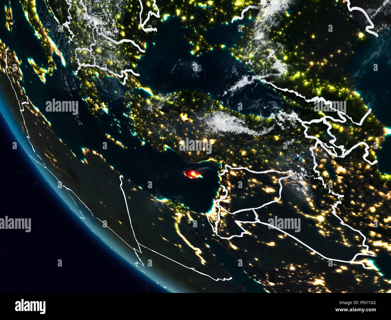 Cyprus at night from space with visible country borders. 3D ...