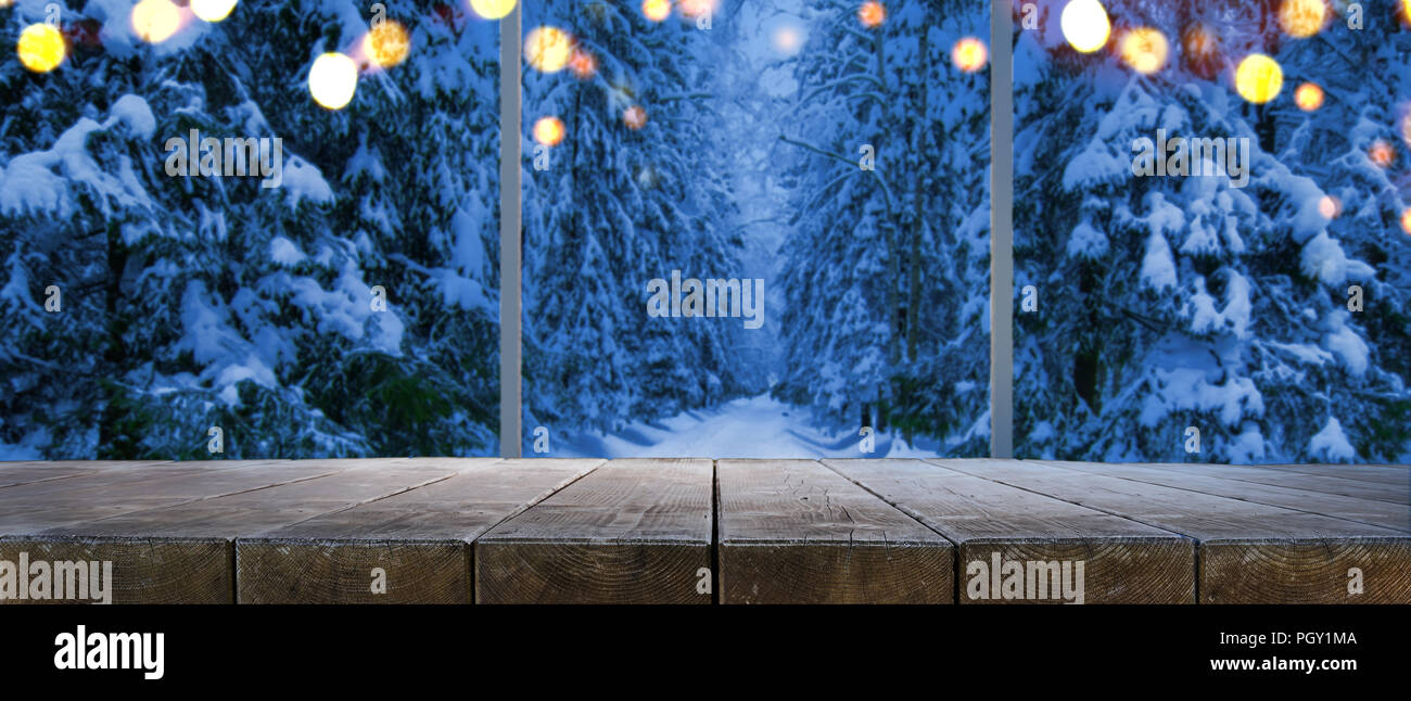 Night winter forest through window Stock Photo - Alamy