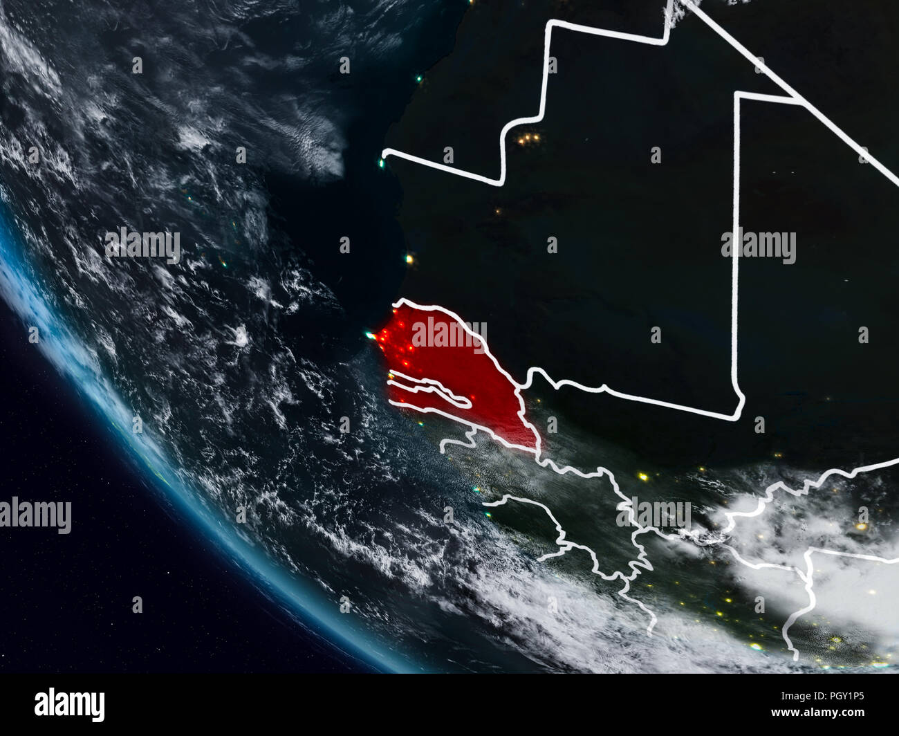 Senegal at night from space with visible country borders. 3D ...