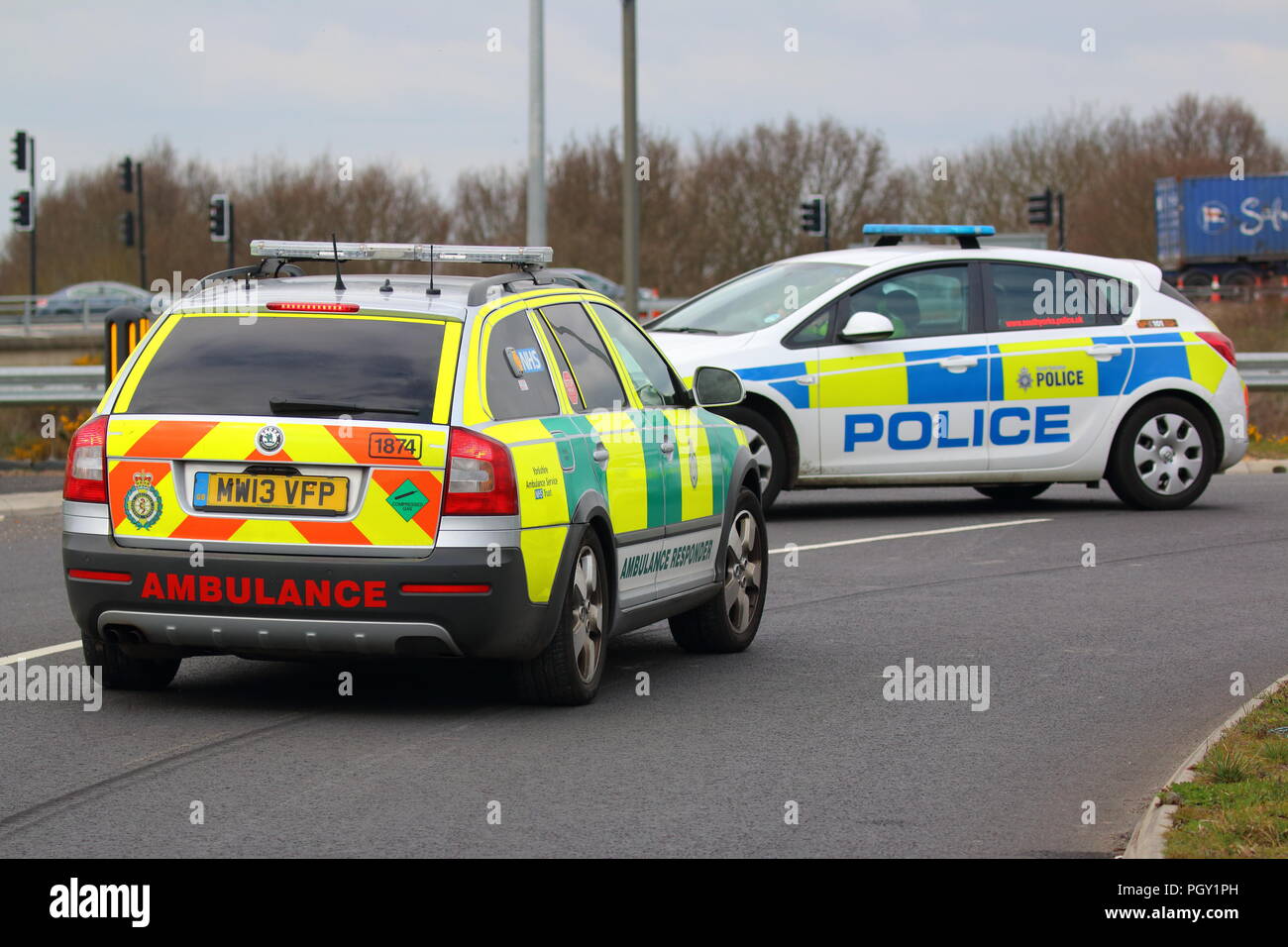 Emergency service vehicles at the scene of a Road Traffic Accident on ...