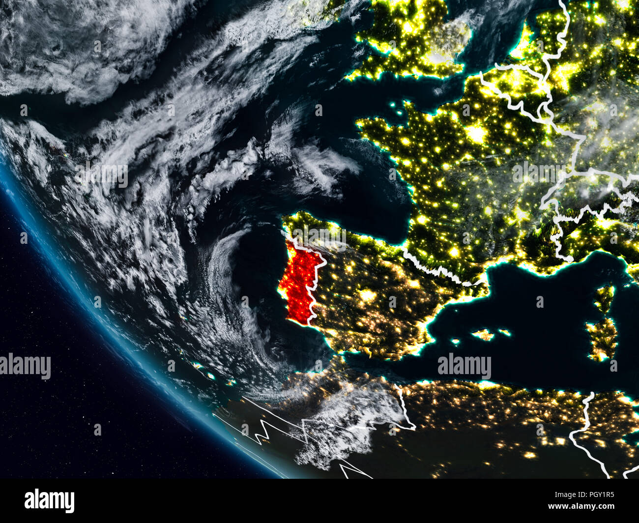 Portugal at night from space with visible country borders. 3D ...