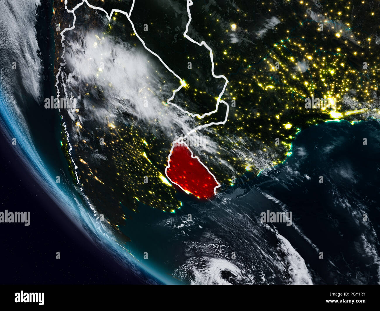 Uruguay at night from space with visible country borders. 3D ...