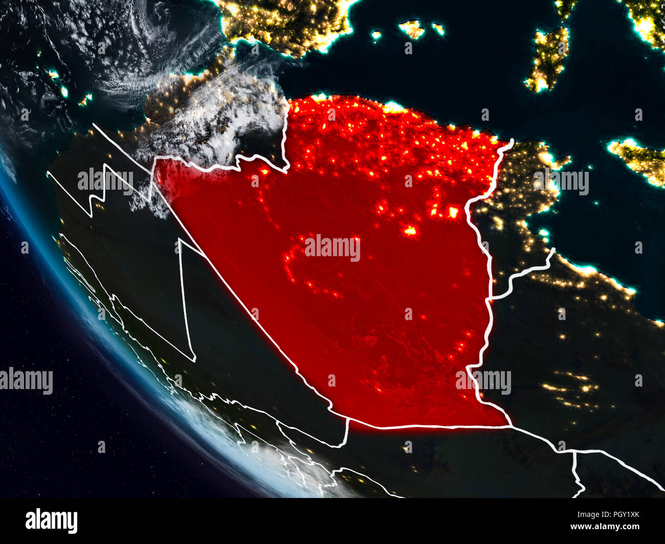 Algeria at night from space with visible country borders. 3D ...