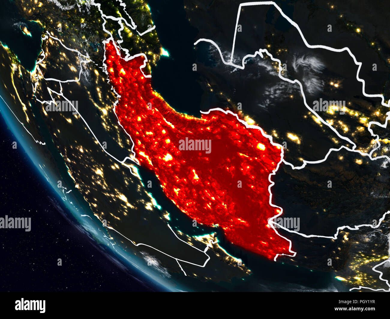 Iran at night from space with visible country borders. 3D illustration ...