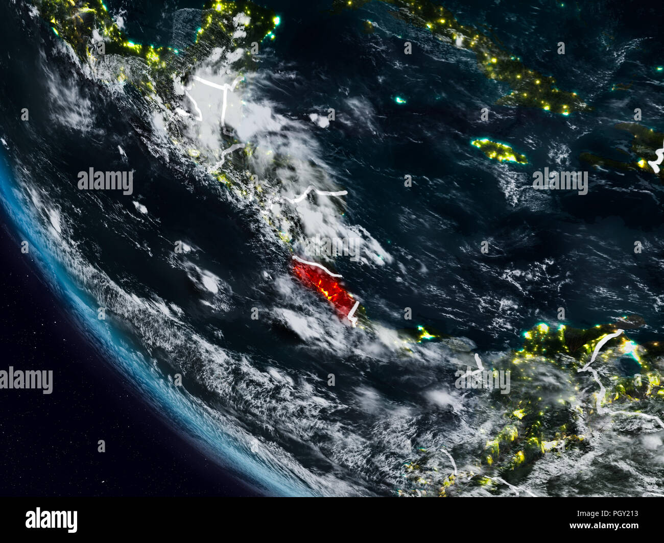 Costa Rica at night from space with visible country borders. 3D ...