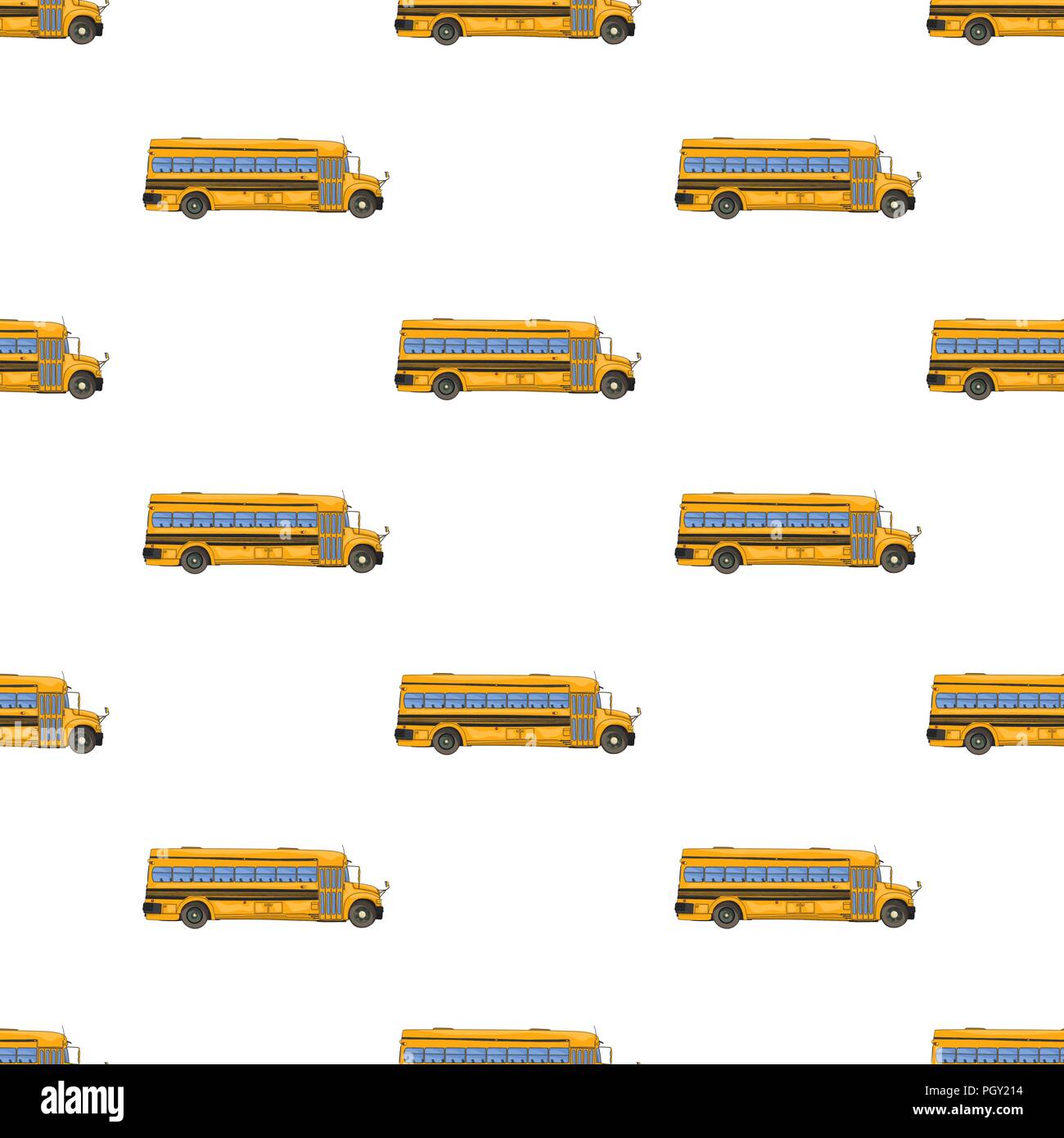 Bright cartoon school bus seamless pattern on white background Stock ...