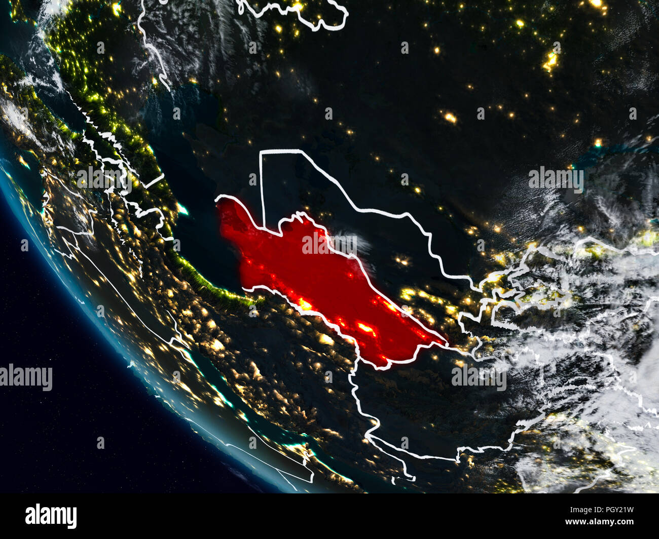 Turkmenistan at night from space with visible country borders. 3D ...