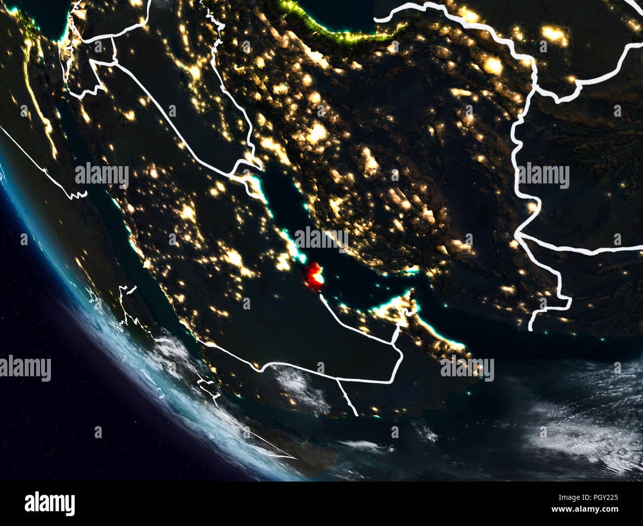Qatar at night from space with visible country borders. 3D illustration ...