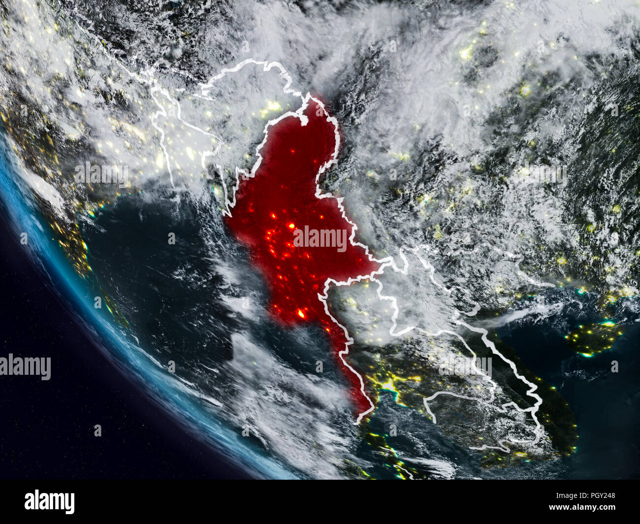 Myanmar at night from space with visible country borders. 3D ...