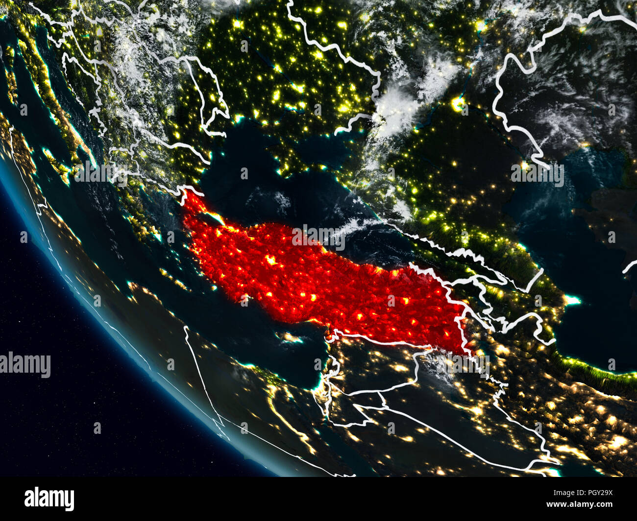 Turkey at night from space with visible country borders. 3D ...