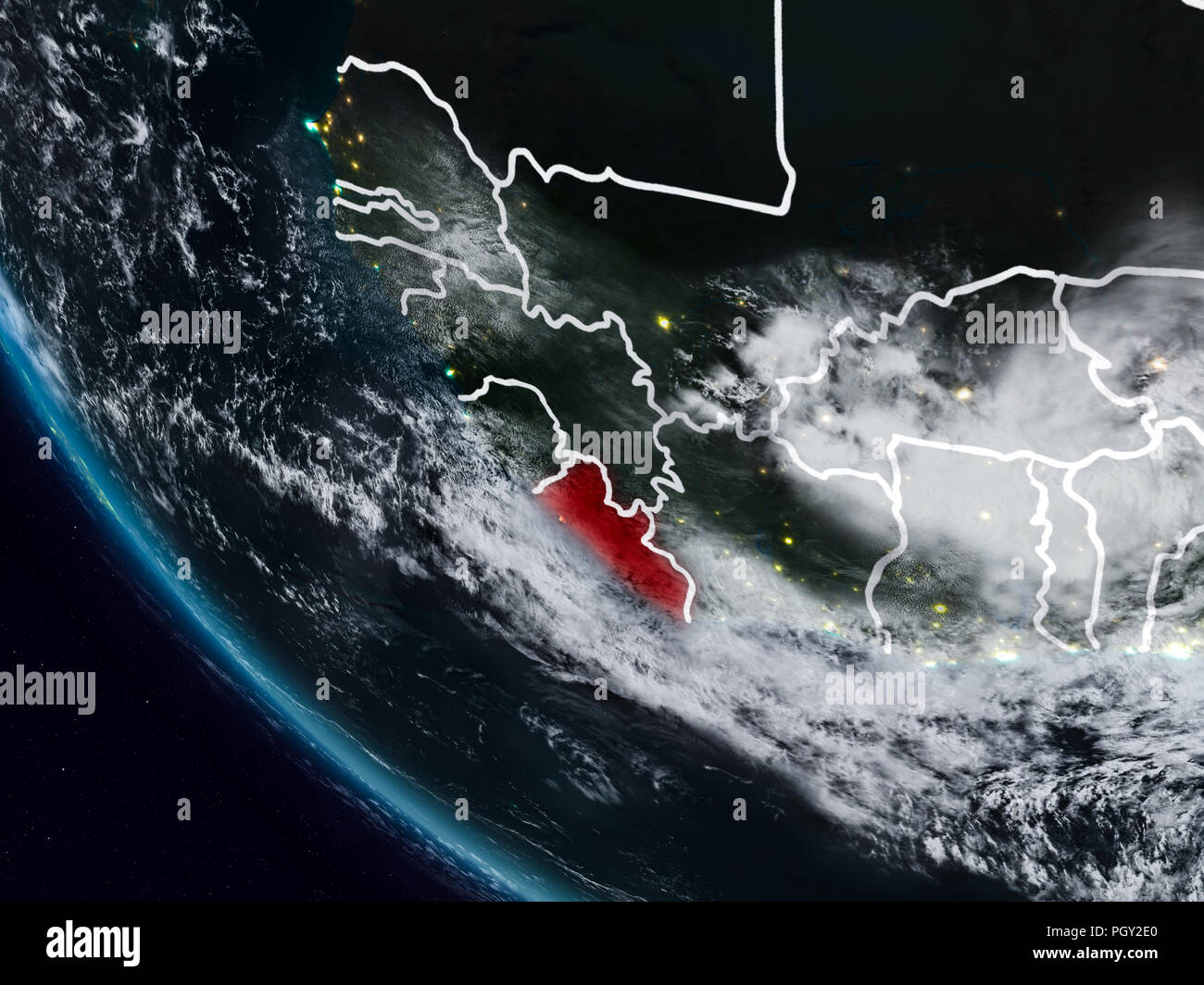 Liberia at night from space with visible country borders. 3D ...