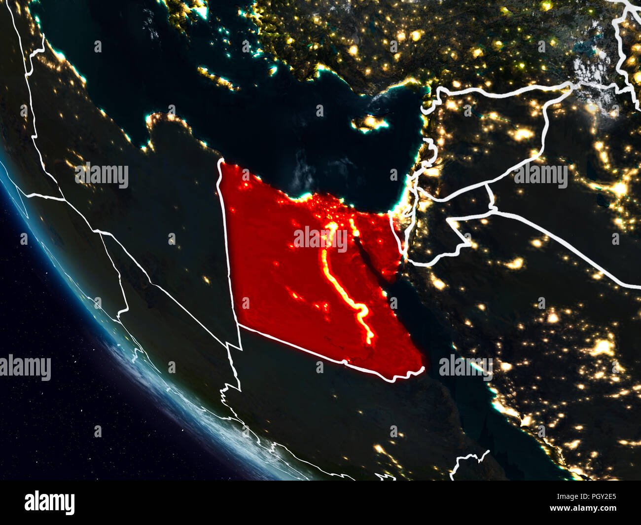 Egypt at night from space with visible country borders. 3D illustration ...