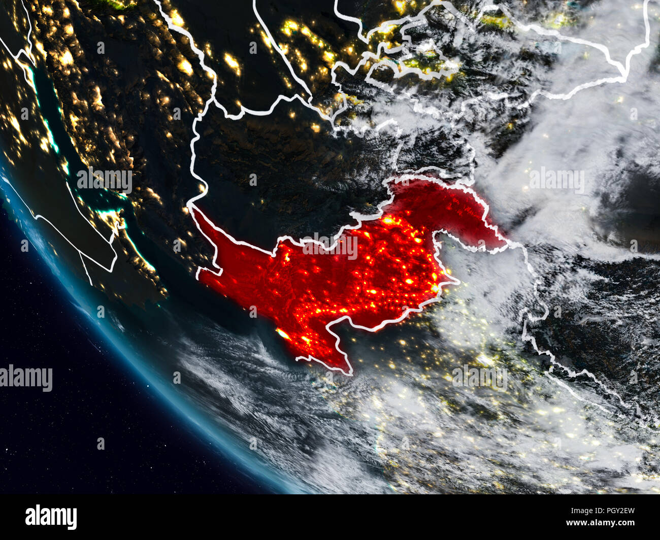 Pakistan at night from space with visible country borders. 3D ...