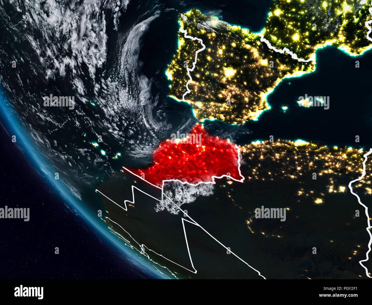 Morocco at night from space with visible country borders. 3D ...