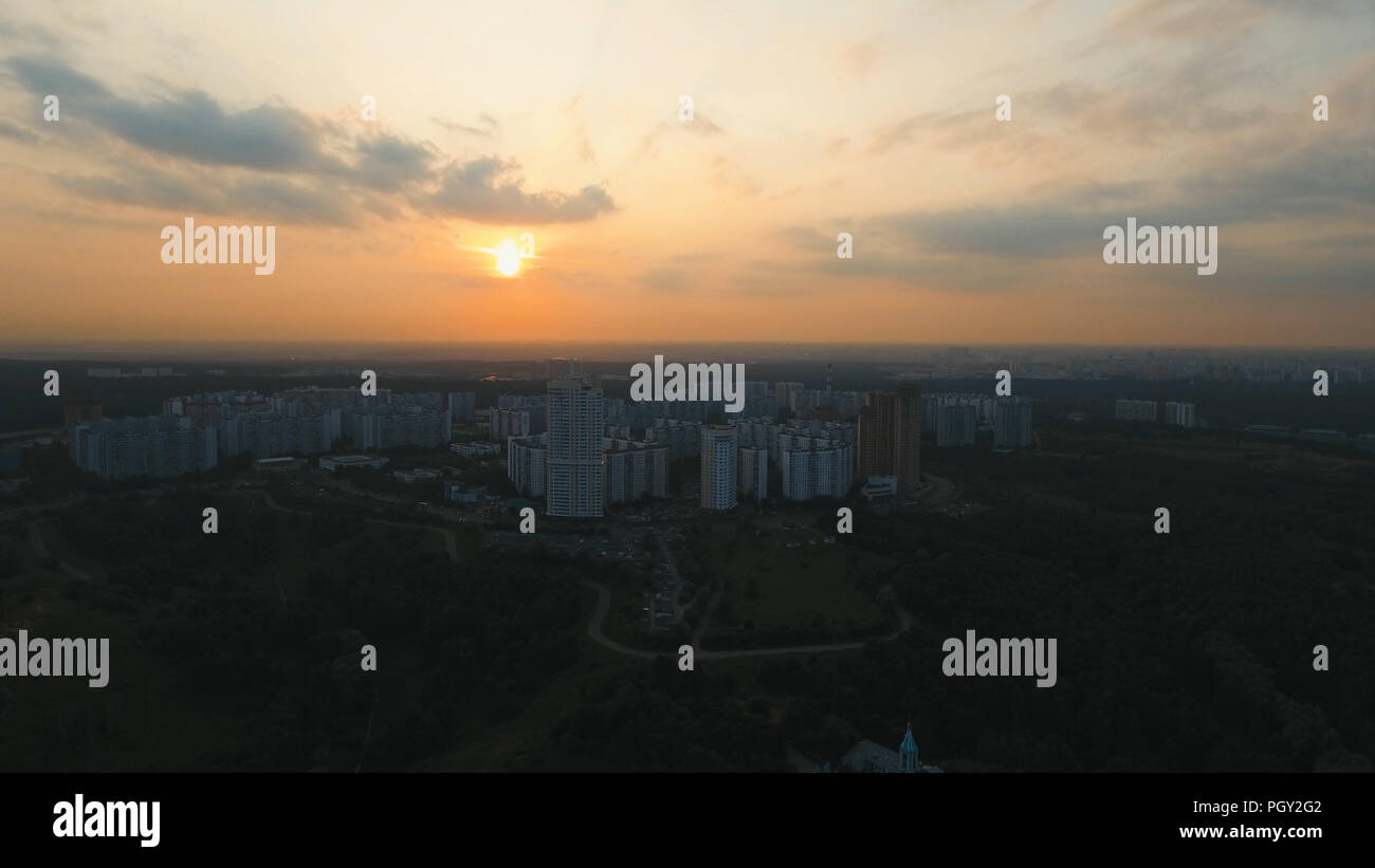 Aerial view Moscow Skyline of big city full of skyscrapers at sunset ...
