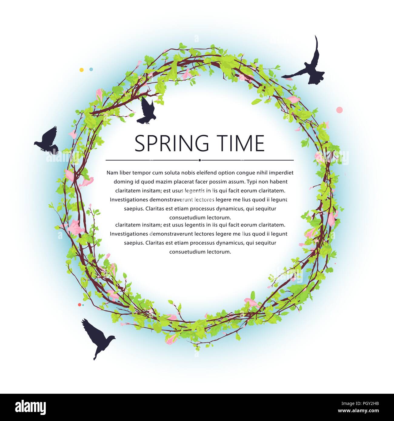 Spring time circle wreath or frame with flower branches and pigeons ...