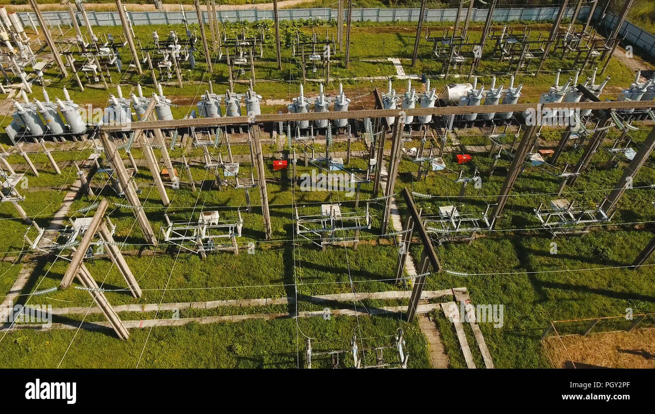 Aerial view Power plant, transformation station, cables and wires. High ...