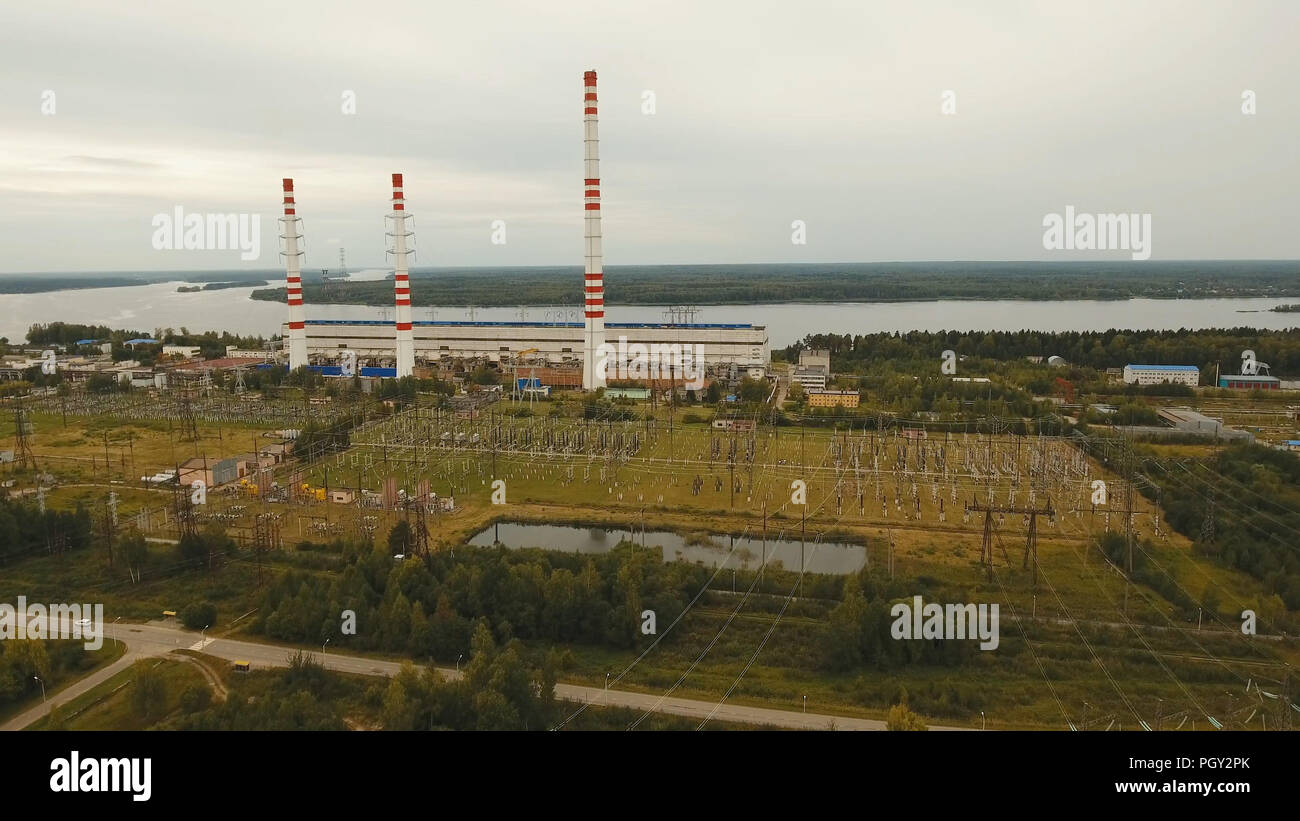 Aerial view Hydroelectric power station, transformation station, cables ...