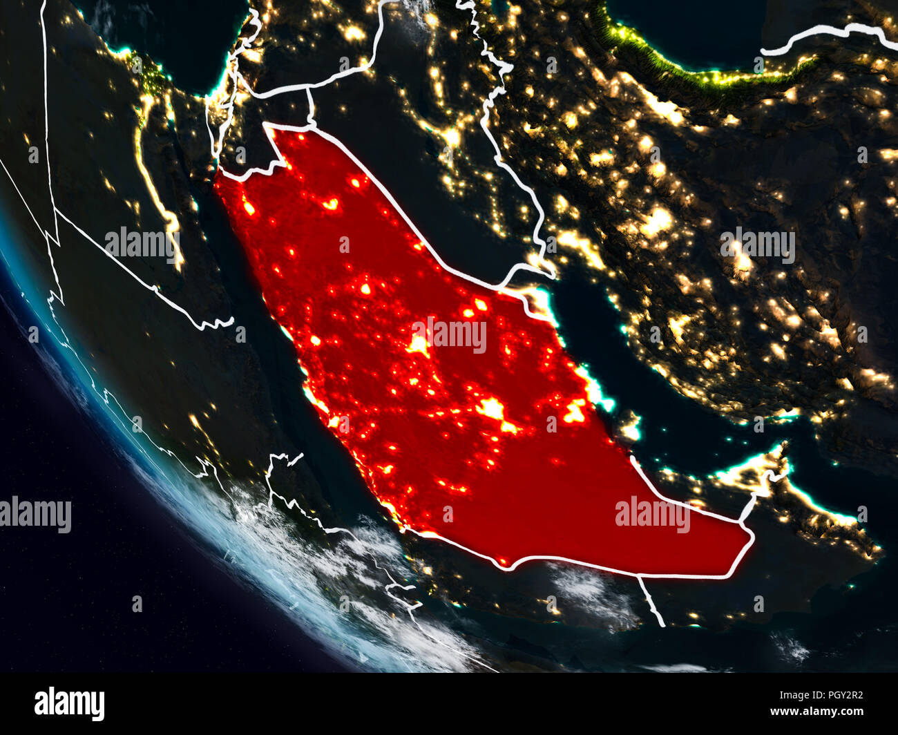 Saudi Arabia at night from space with visible country borders. 3D ...