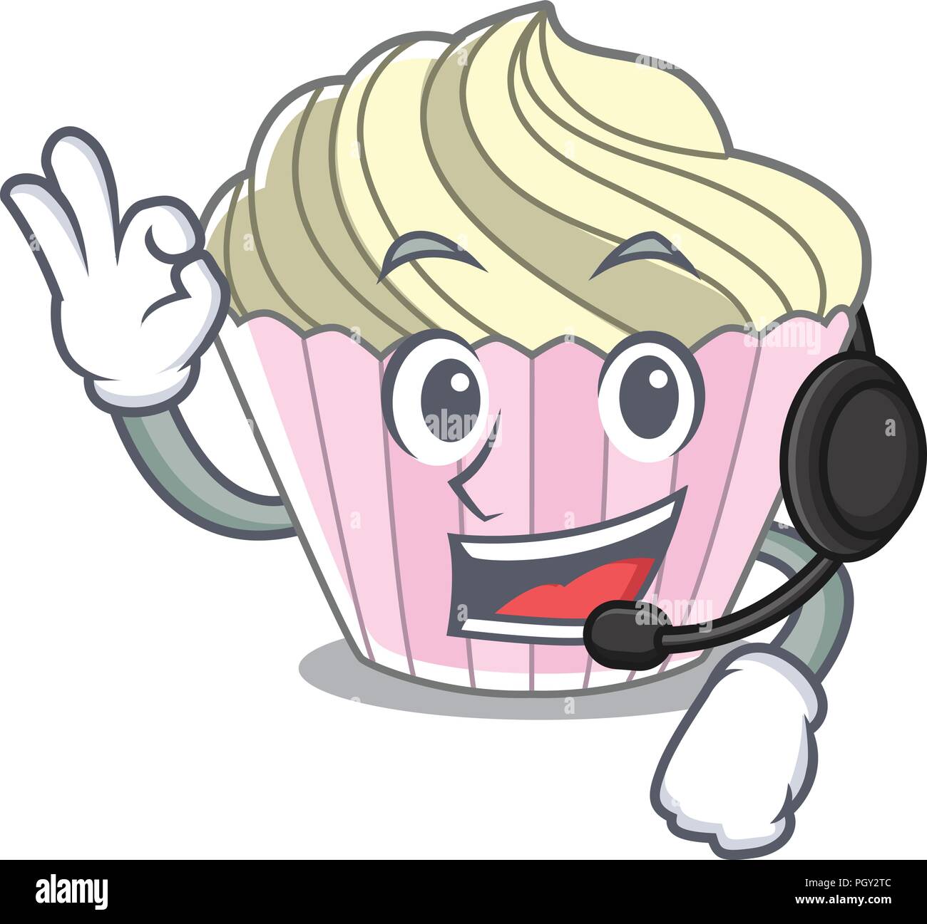 With headphone yummy meringue cake on mascot cartoon vector ...