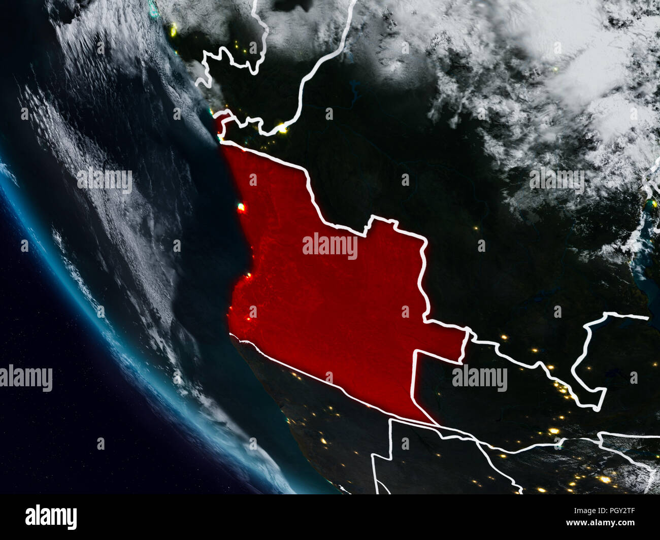 Angola at night from space with visible country borders. 3D ...