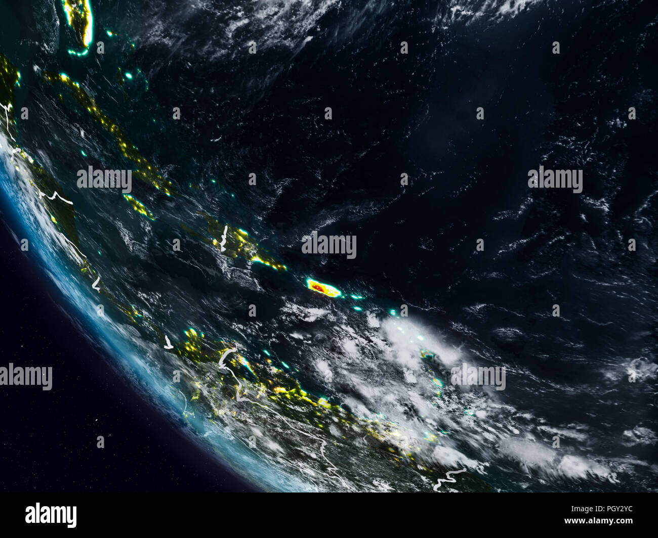 Puerto Rico at night from space with visible country borders. 3D ...