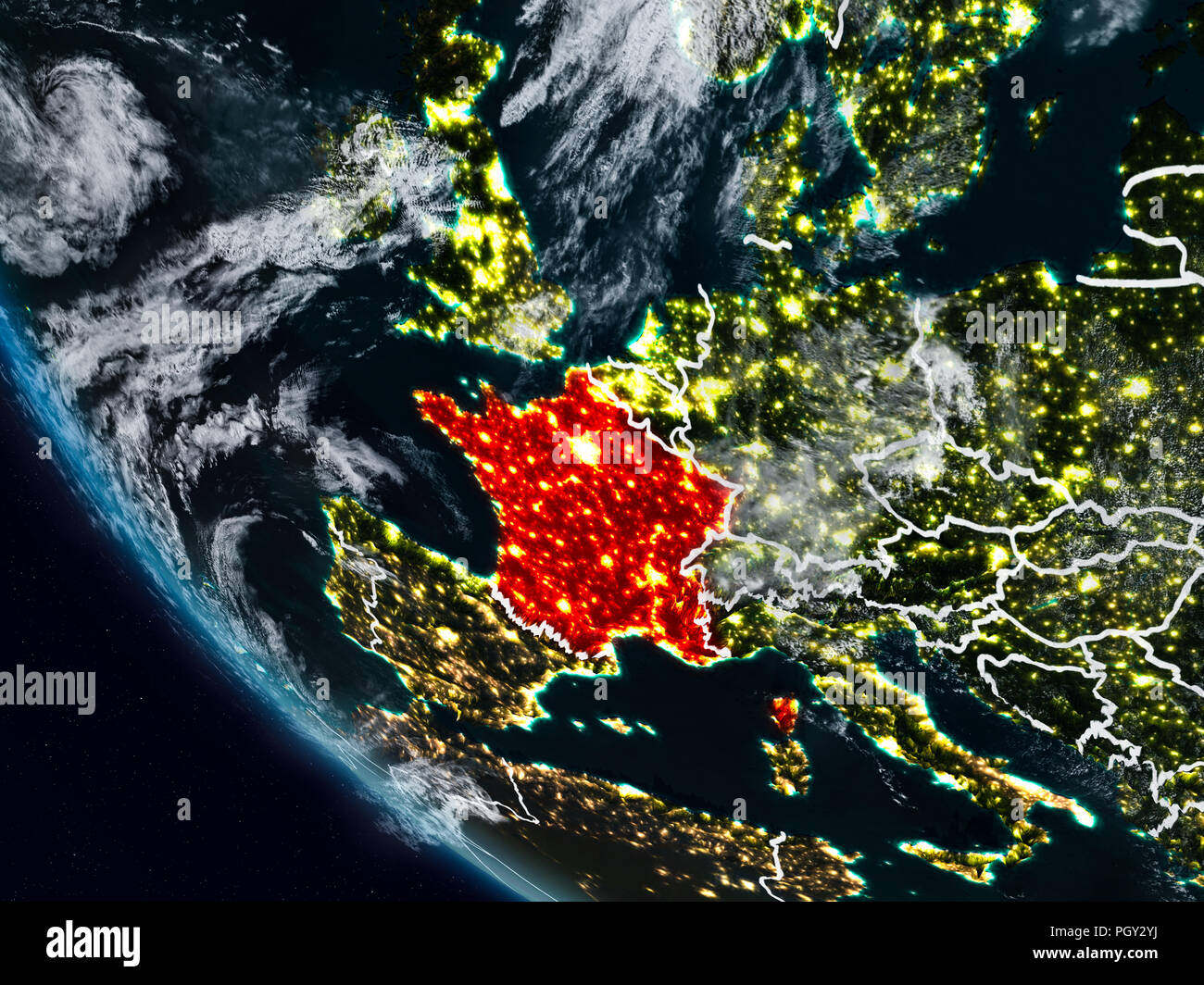 France at night from space with visible country borders. 3D ...