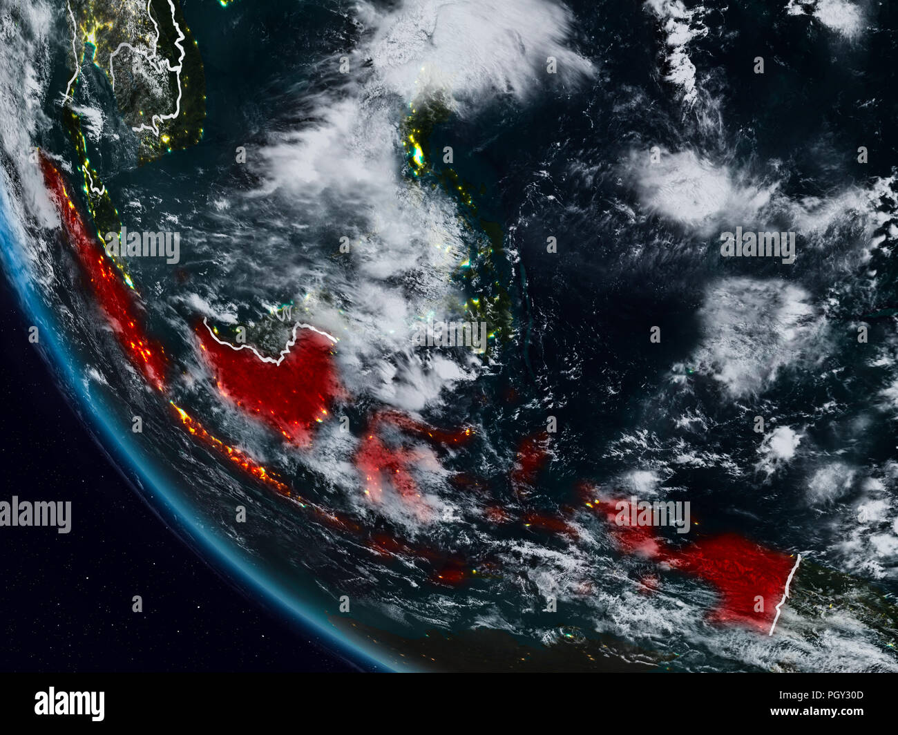 Indonesia at night from space with visible country borders. 3D ...