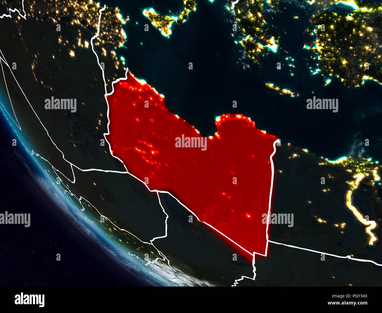 Libya at night from space with visible country borders. 3D illustration ...