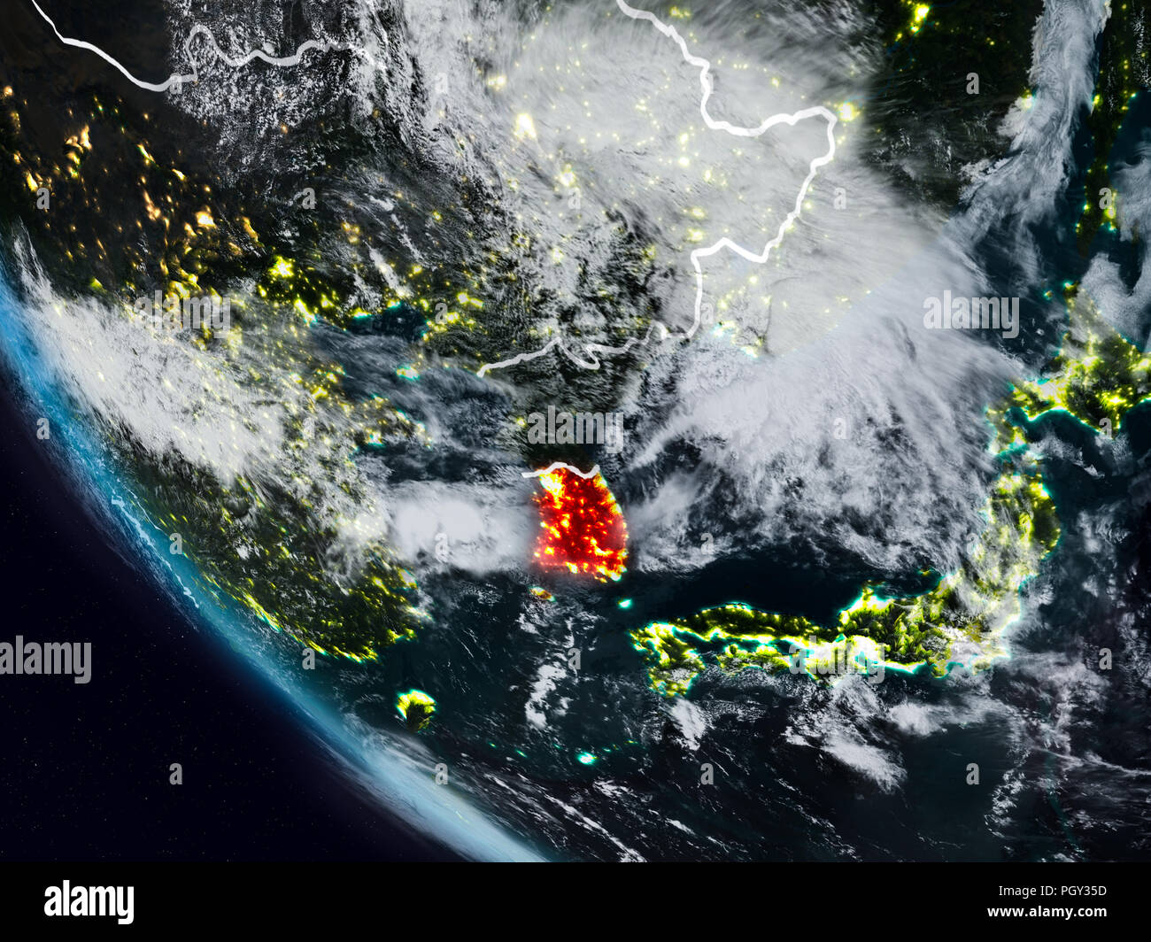 South Korea at night from space with visible country borders. 3D ...