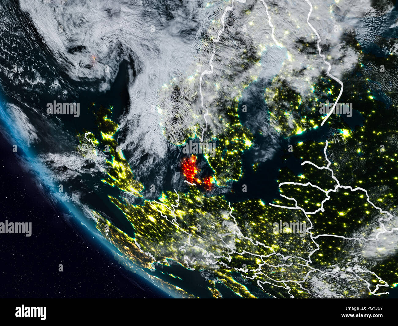 Denmark at night from space with visible country borders. 3D ...
