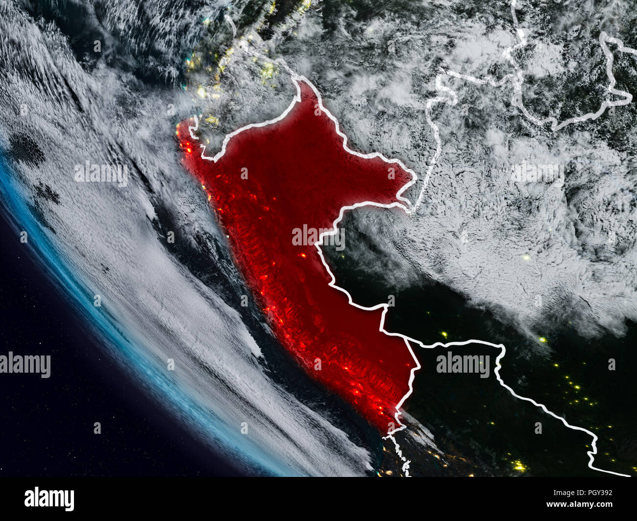 Peru at night from space with visible country borders. 3D illustration ...