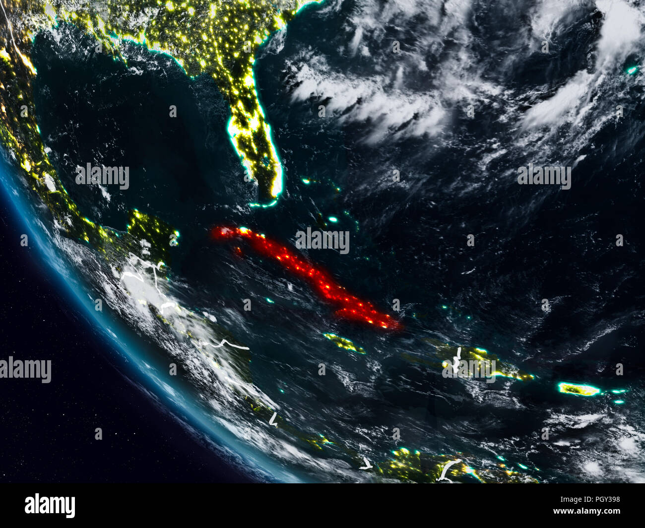 Cuba at night from space with visible country borders. 3D illustration ...