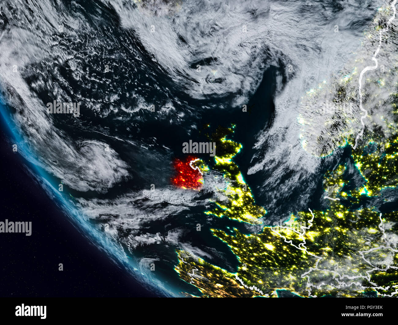 Ireland at night from space with visible country borders. 3D ...
