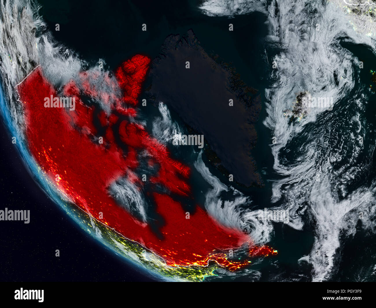 Canada at night from space with visible country borders. 3D ...