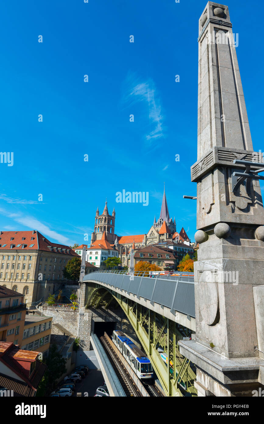 Cathedral and Bessieres Bridge in a Sunny Day in Lausanne, Switzerland ...