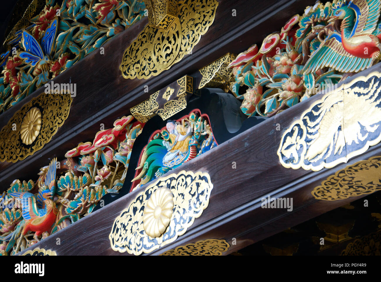 Photo shows a detail of the karamon gate that leads through to the main ...