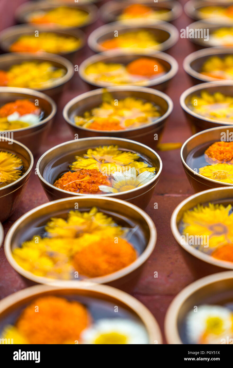 Buddhist flower offerings or gifts in bowls and rows. Buddhism religion ...