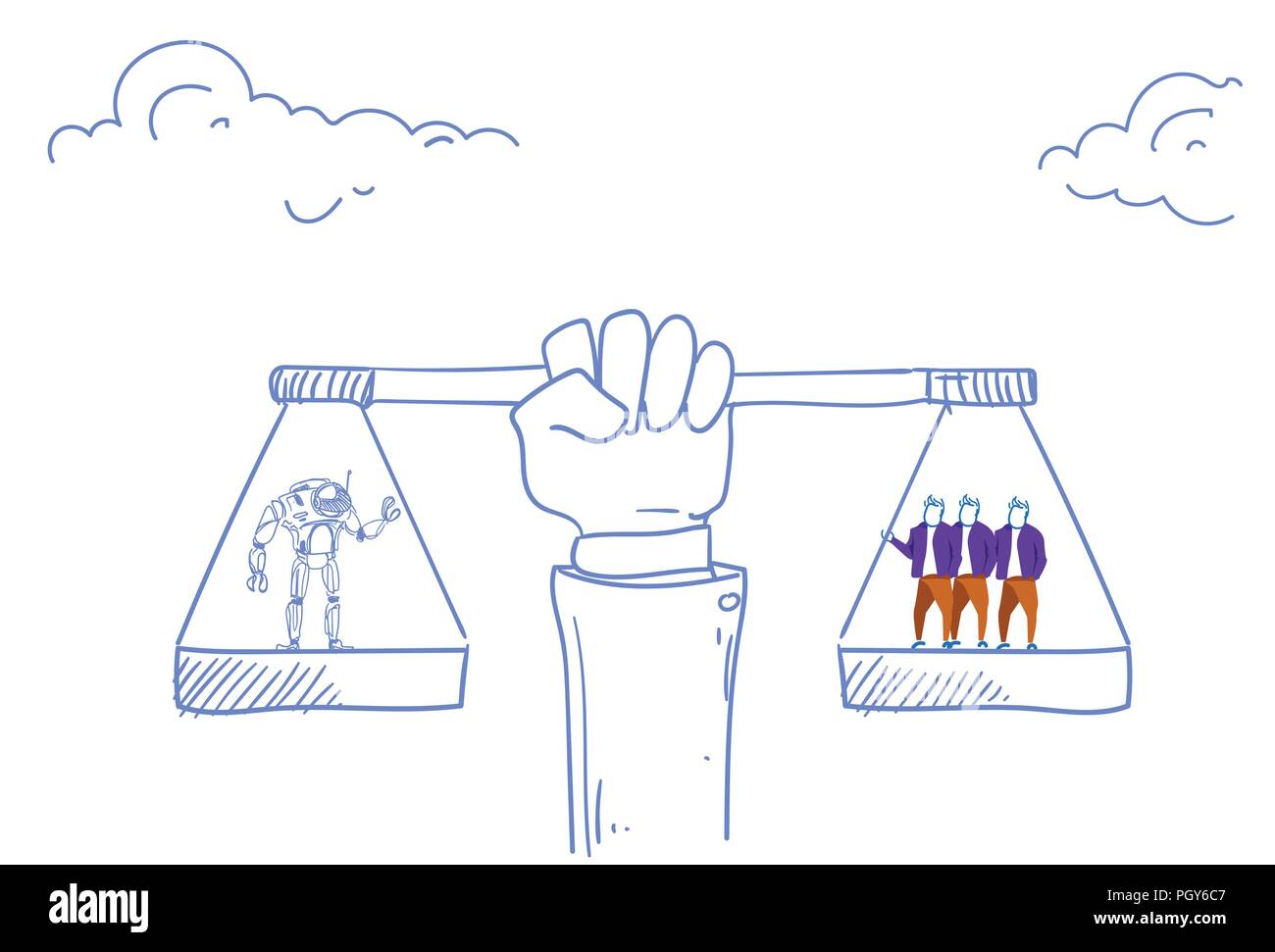 human hand holding balance scales human vs modern robot competition ...