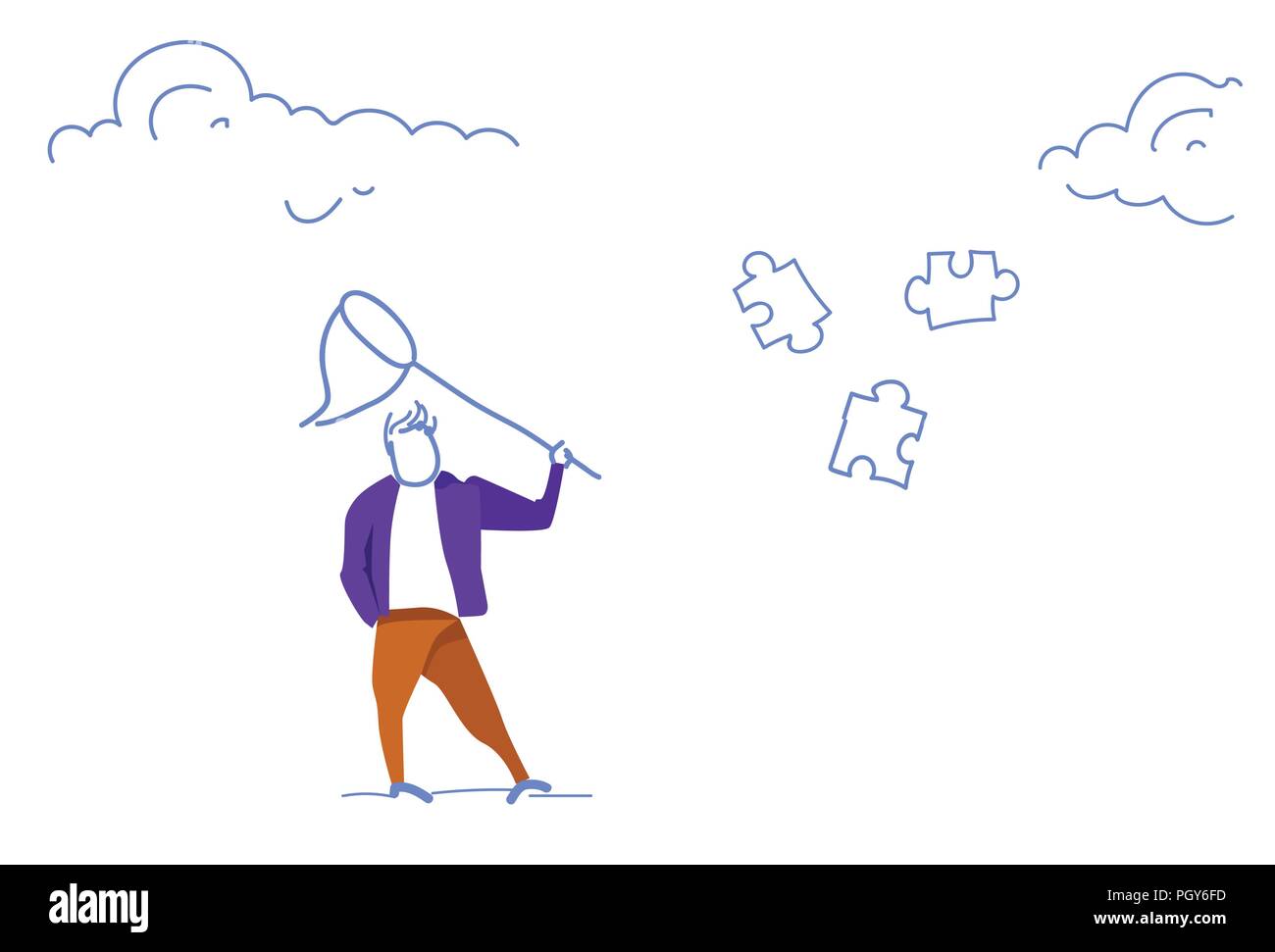 businessman holding butterfly net trying catch puzzle parts jigsaw ...