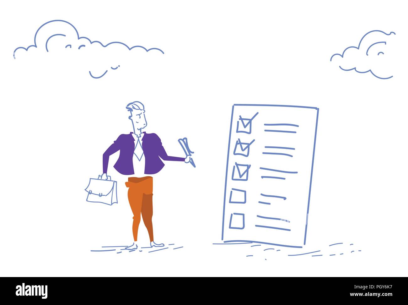 Confused businessman holding pen looking check list question mark think ...