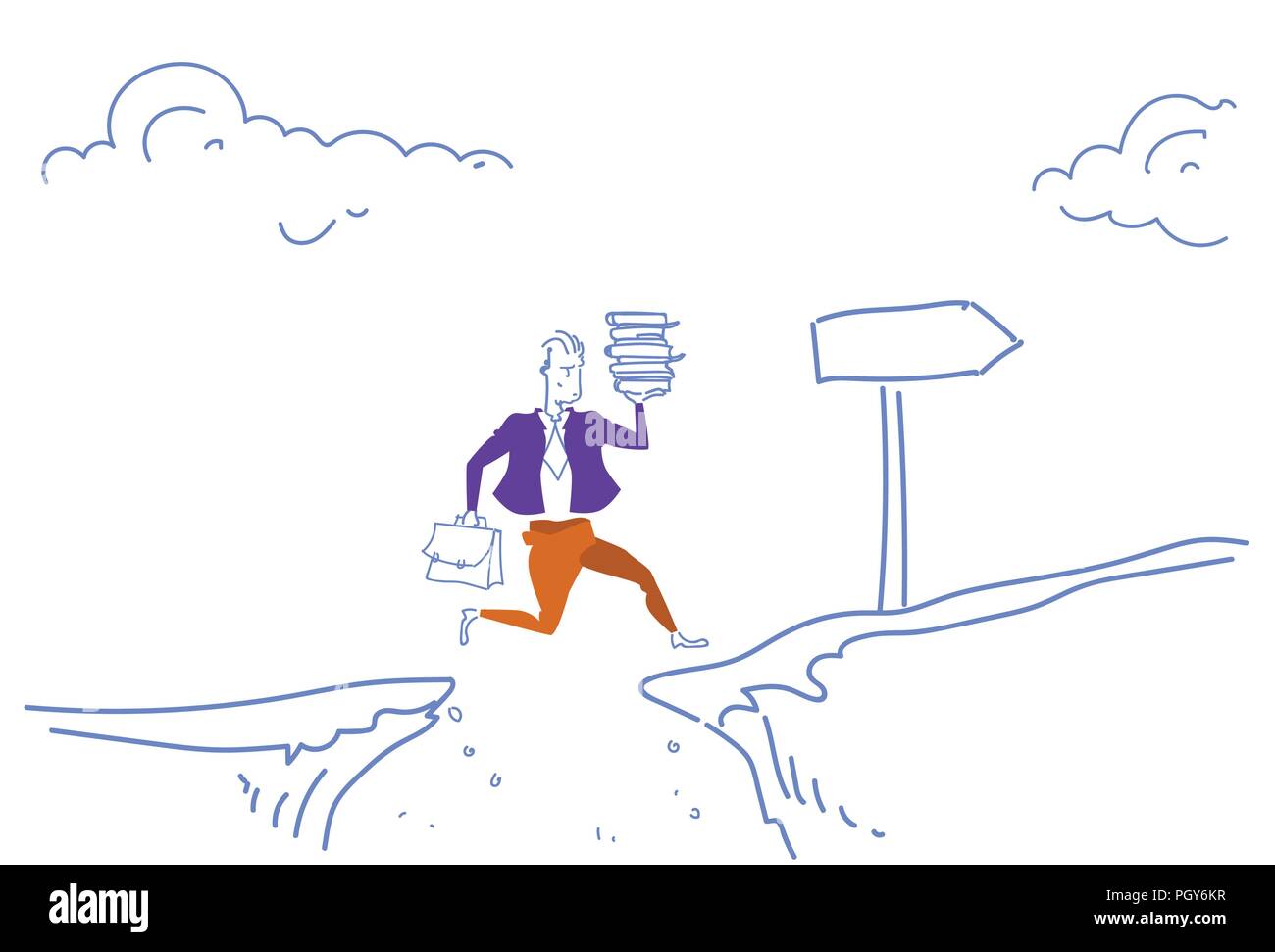 business man holding book stack jump over cliff gap mountain abyss ...