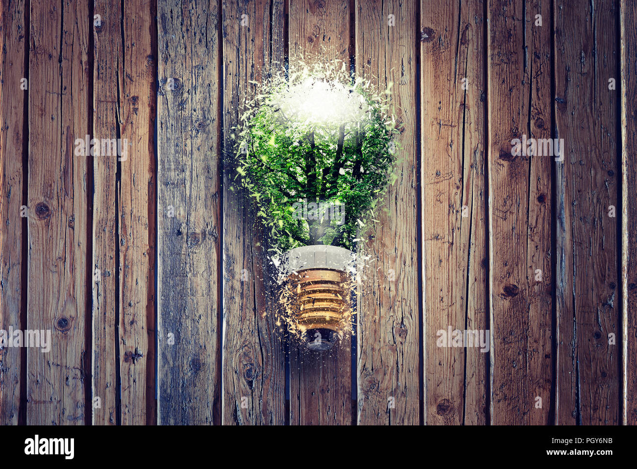 Wooden textured table from above and Electric green environmental bulb ...
