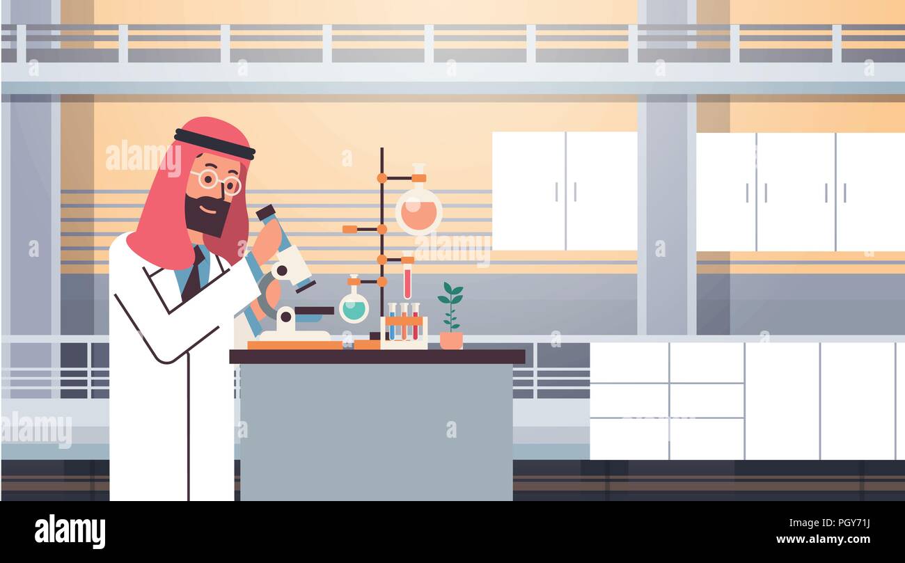 Male arabic scientist working with microscope laboratory doing research ...