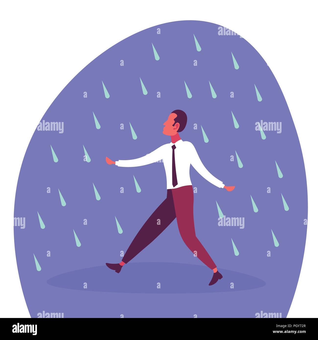 Businessman running under rain unprotected rainy day problem concept ...